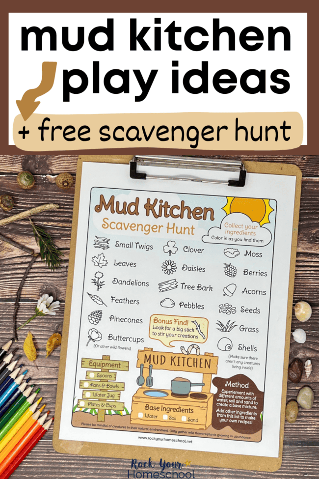 Mud Kitchen Play Ideas with Free Printable Scavenger Hunt