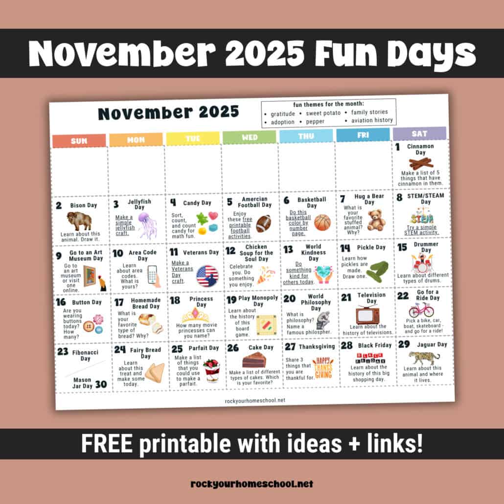 November 2025 Fun Days Calendar - Rock Your Homeschool
