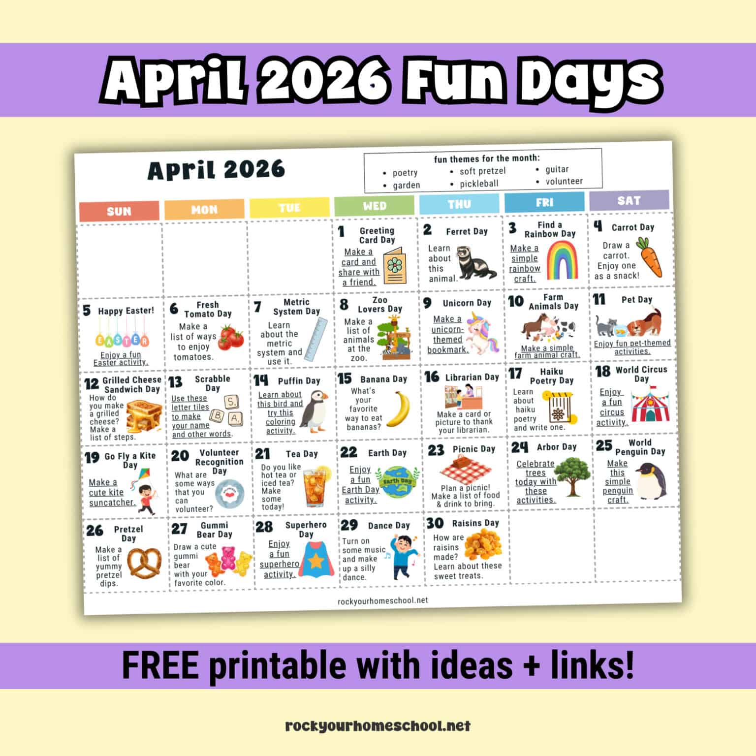 April 2026 Fun Days Calendar for Kids - Rock Your Homeschool